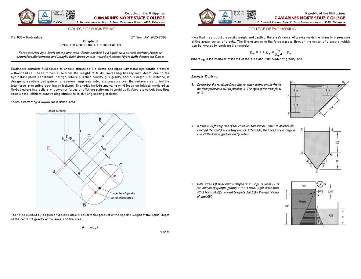 CE 108 Final Exam Notes: Hydrostatic Force on Surfaces - Studocu