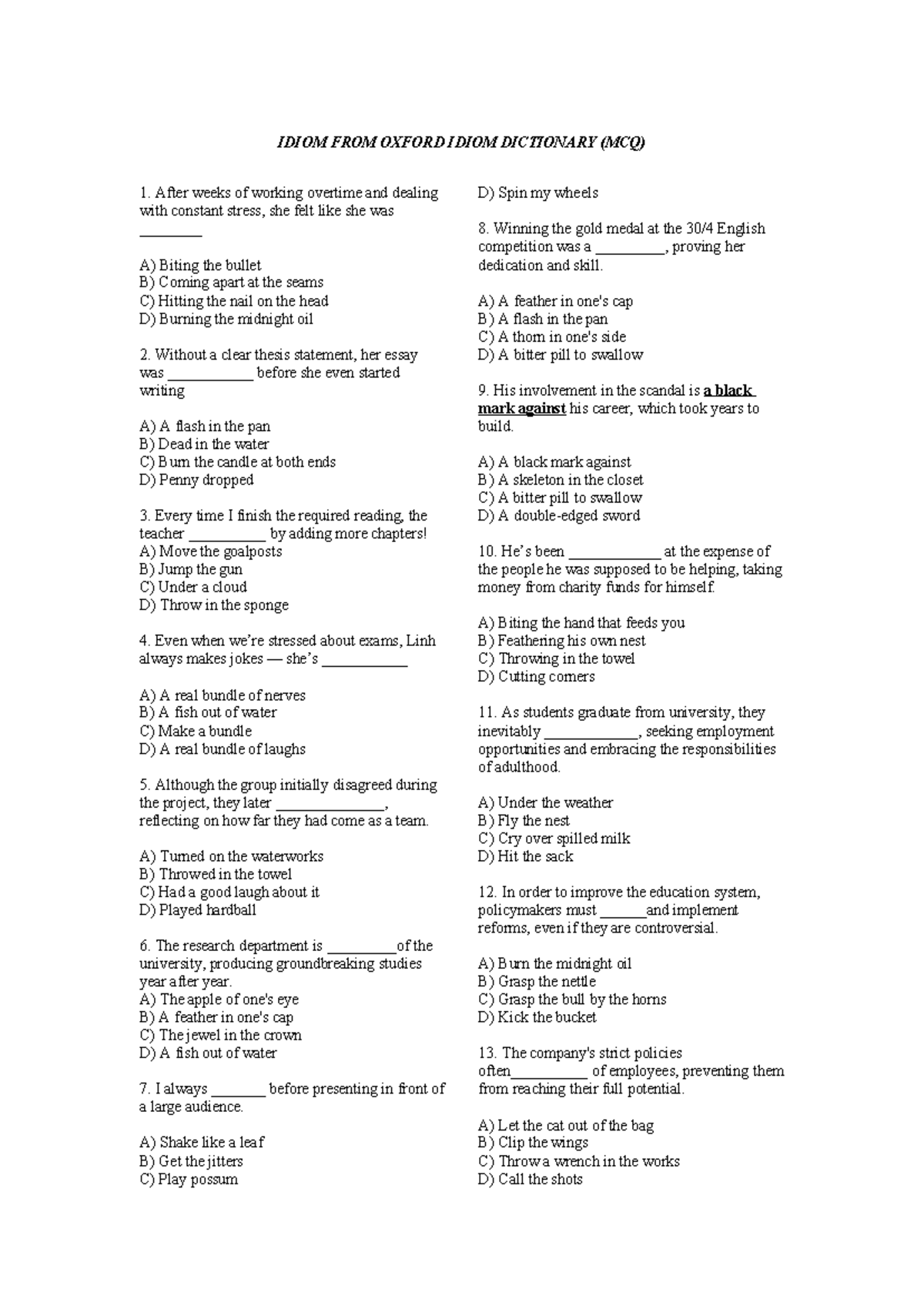 IDIOM MCQ Study Guide from Oxford Dictionary (ENG101) - Studocu