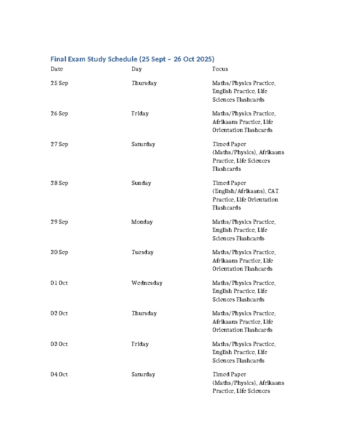 Final Exam Study Schedule (25 Sept - 26 Oct 2025) - Studocu