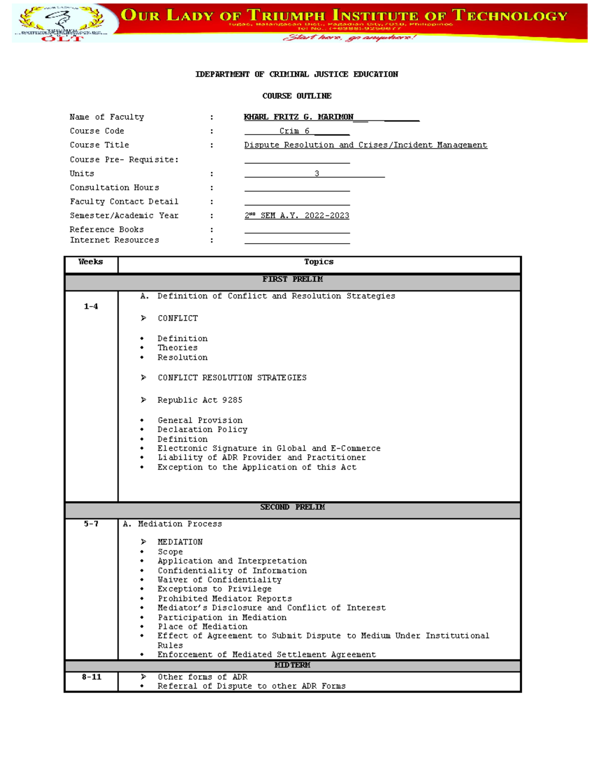 CRIM 6 Dispute Resolution Course Outline - 2nd Sem A.Y. 2023 - Studocu