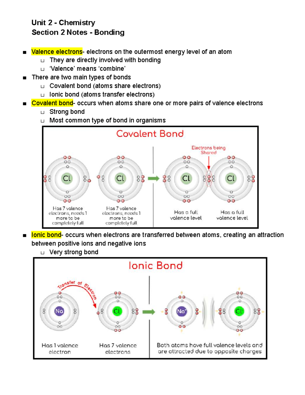 Unit 2 - Chemistry Section 2 Notes: Bonding and Chemical Interactions ...