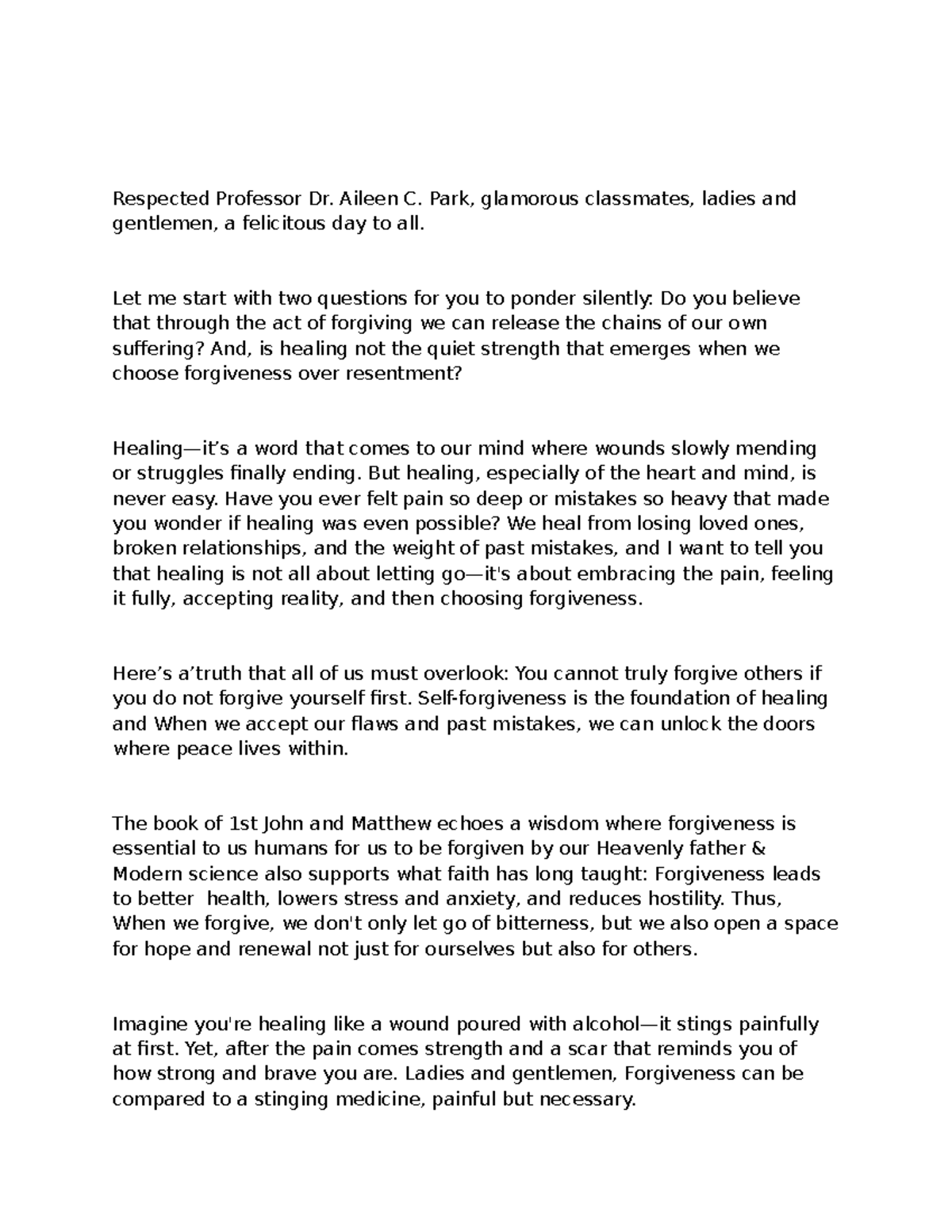 Persuasive Rhetorical Speech on Forgiveness and Healing - Studocu