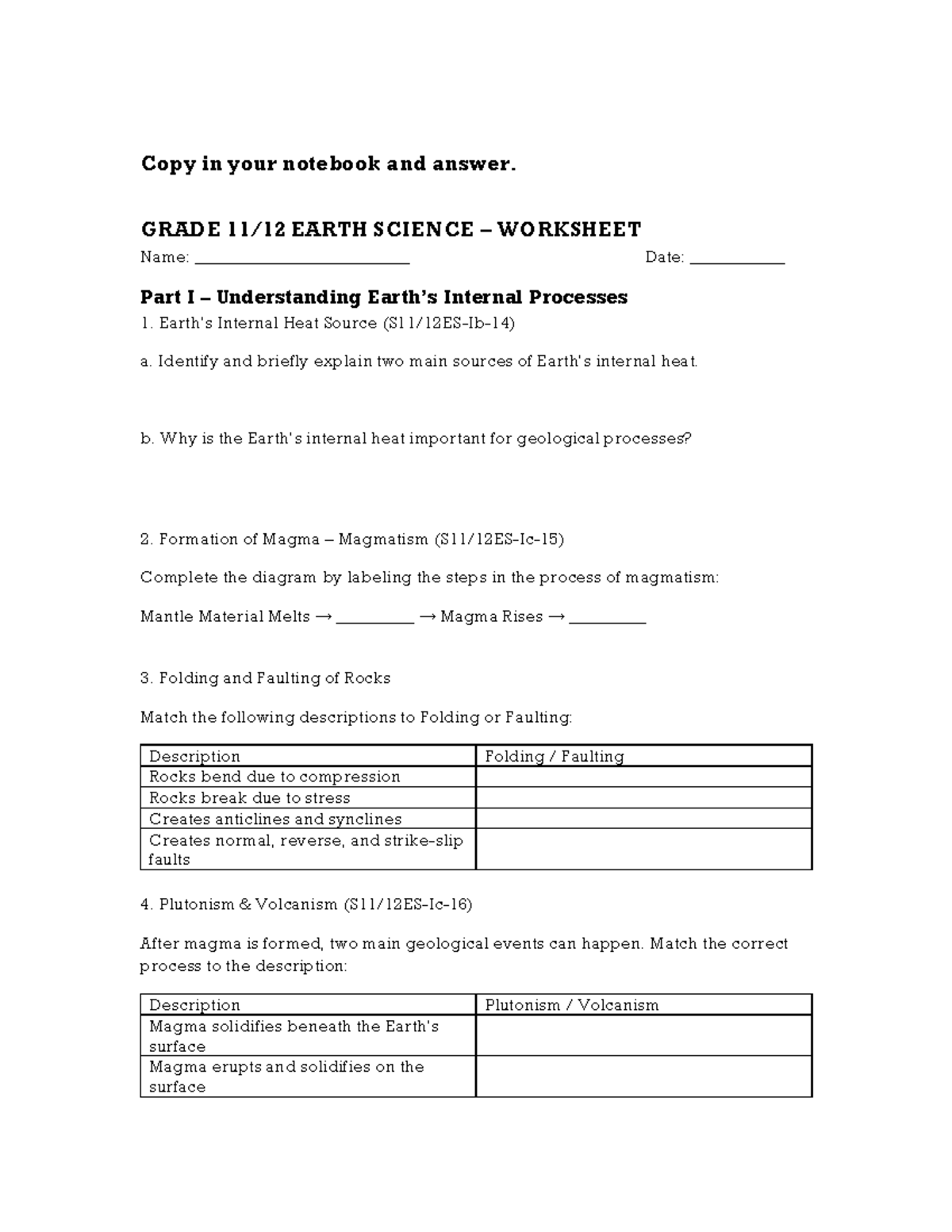 Grade 11-ELS Earth Science Worksheet: Internal Processes & Magmatism ...