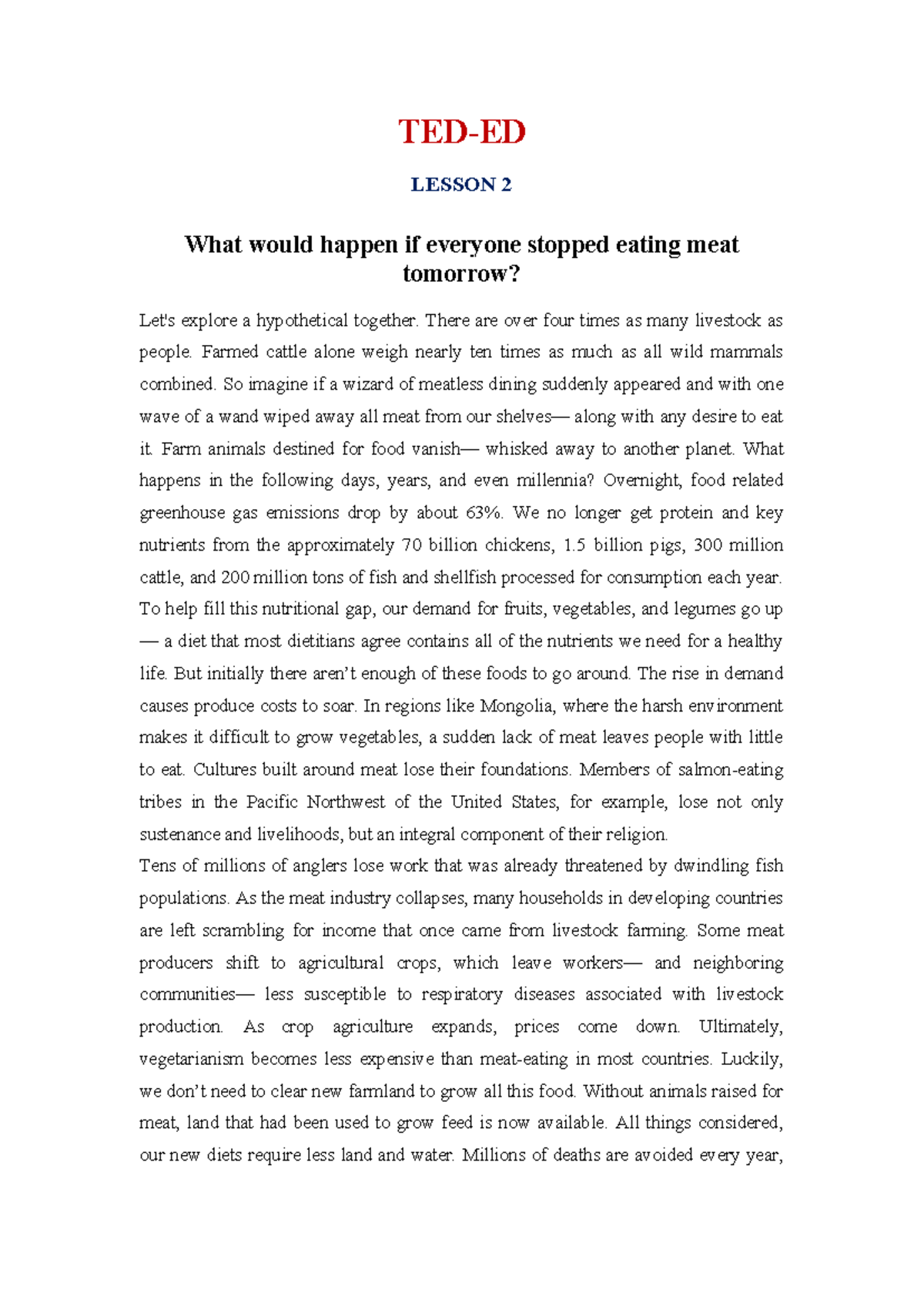 TED-ED Lesson 2: The Impact of a Meatless World - Studocu