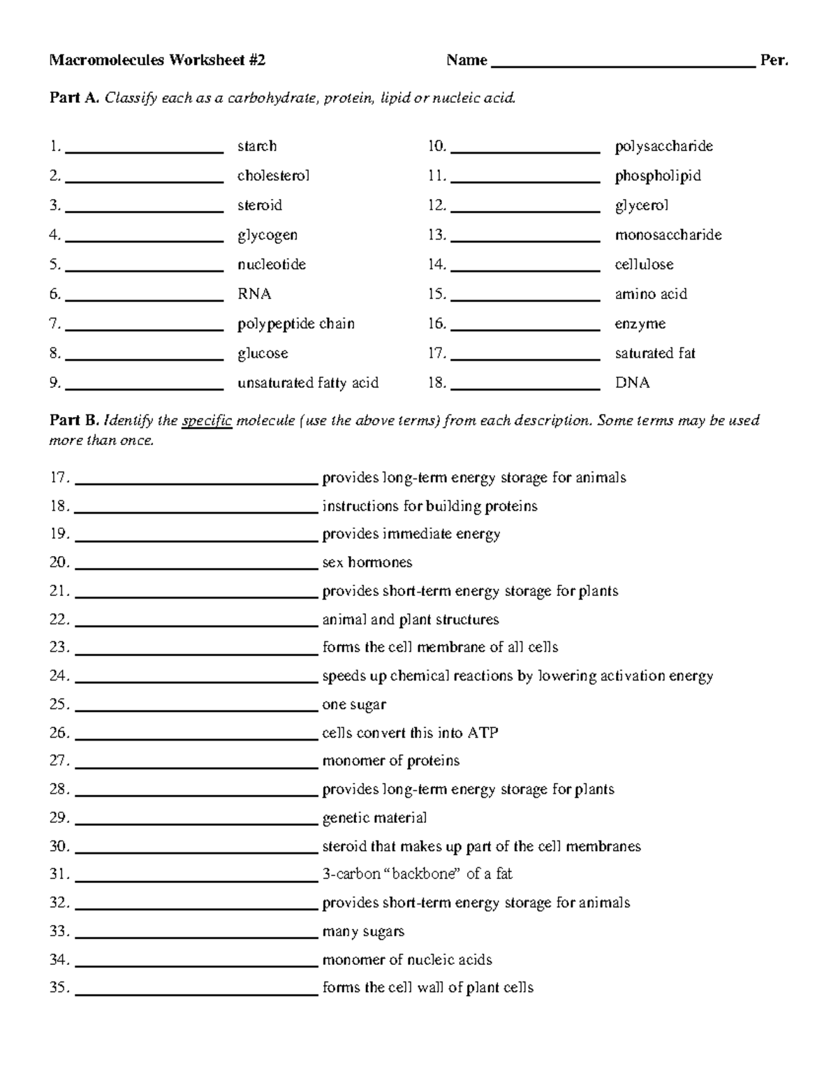 Macromolecules Worksheet #2 for Biology 101: Identification and ...