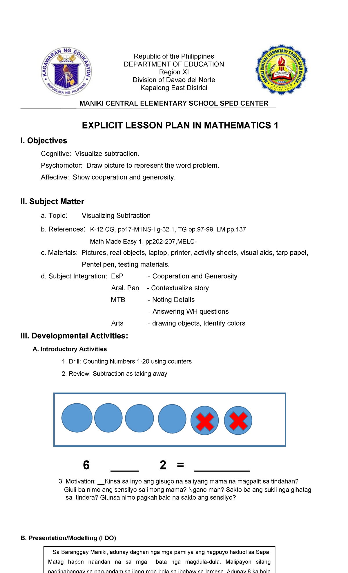 Explicit Math 1 Lesson Plan: Visualizing Subtraction Q2W7D2 - Studocu