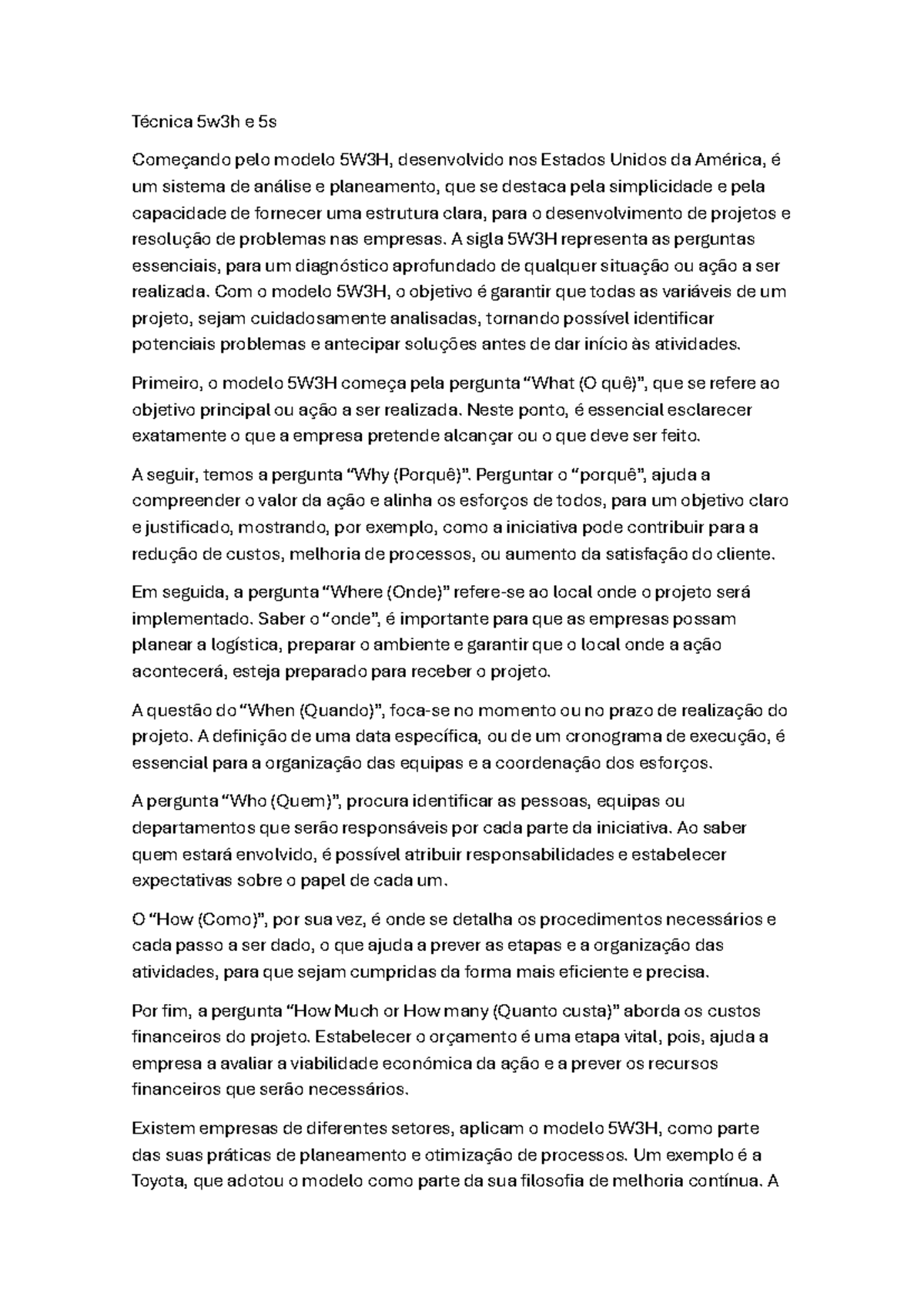 Técnica 5W3H e 5S - Provas Escritas do Prof. Henrique Reis - Studocu
