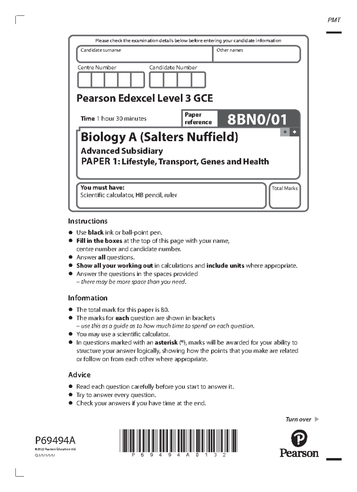 June 2022 QP - Paper 1 Edexcel (A) Biology AS-level - Centre Number ...