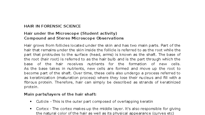 HAIR IN FORENSIC SCIENCE: Microscope Observations (Student Activity ...