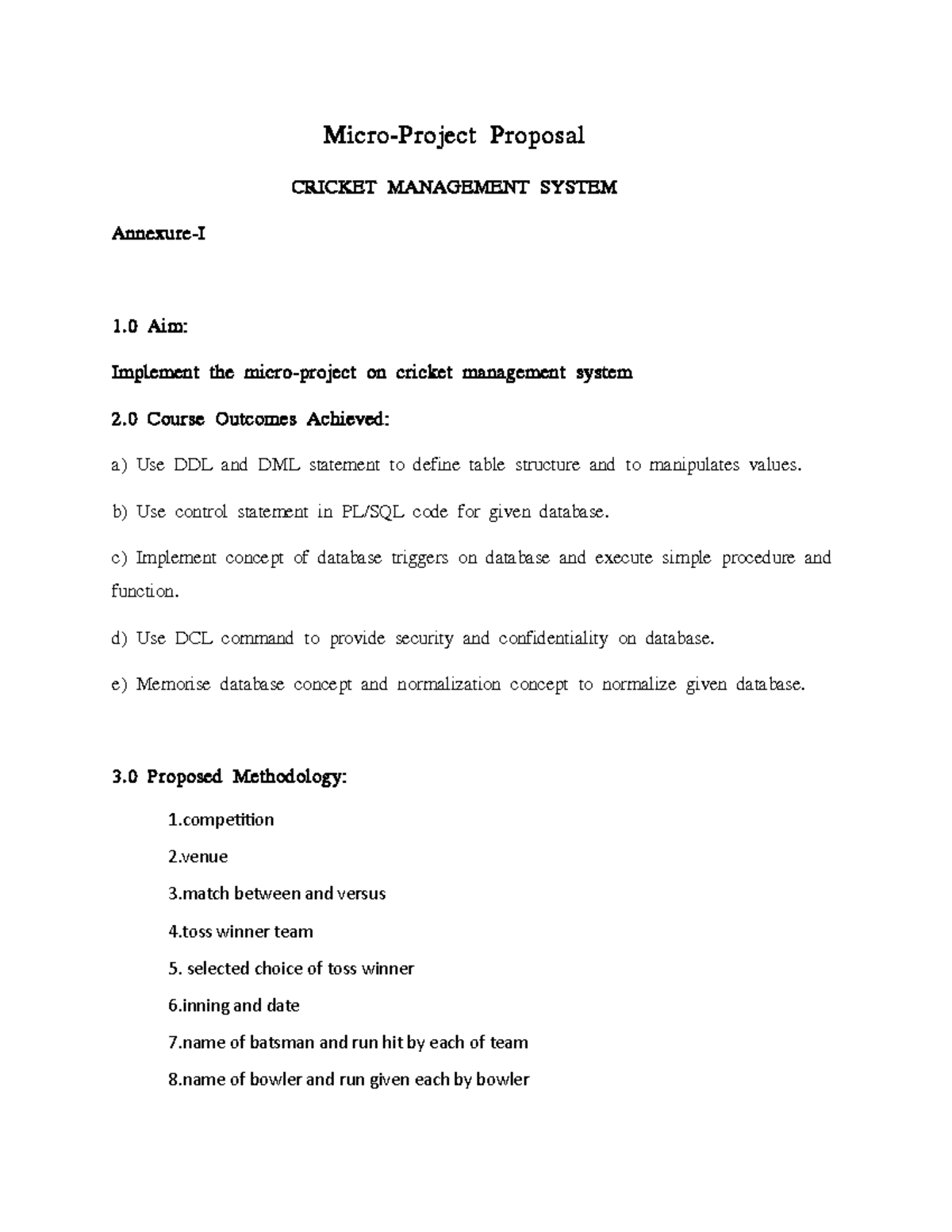 Cricket Management System Proposal: Implementation & Methodology - Studocu