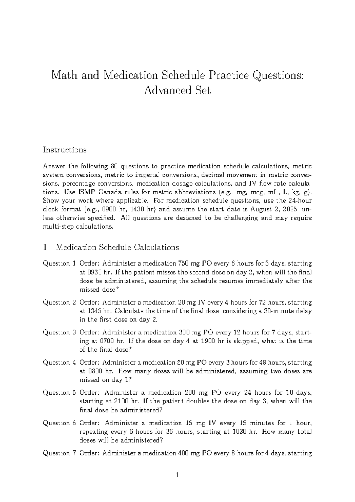 Math and Medication Schedule Practice Questions: Advanced Set (ABCD ...