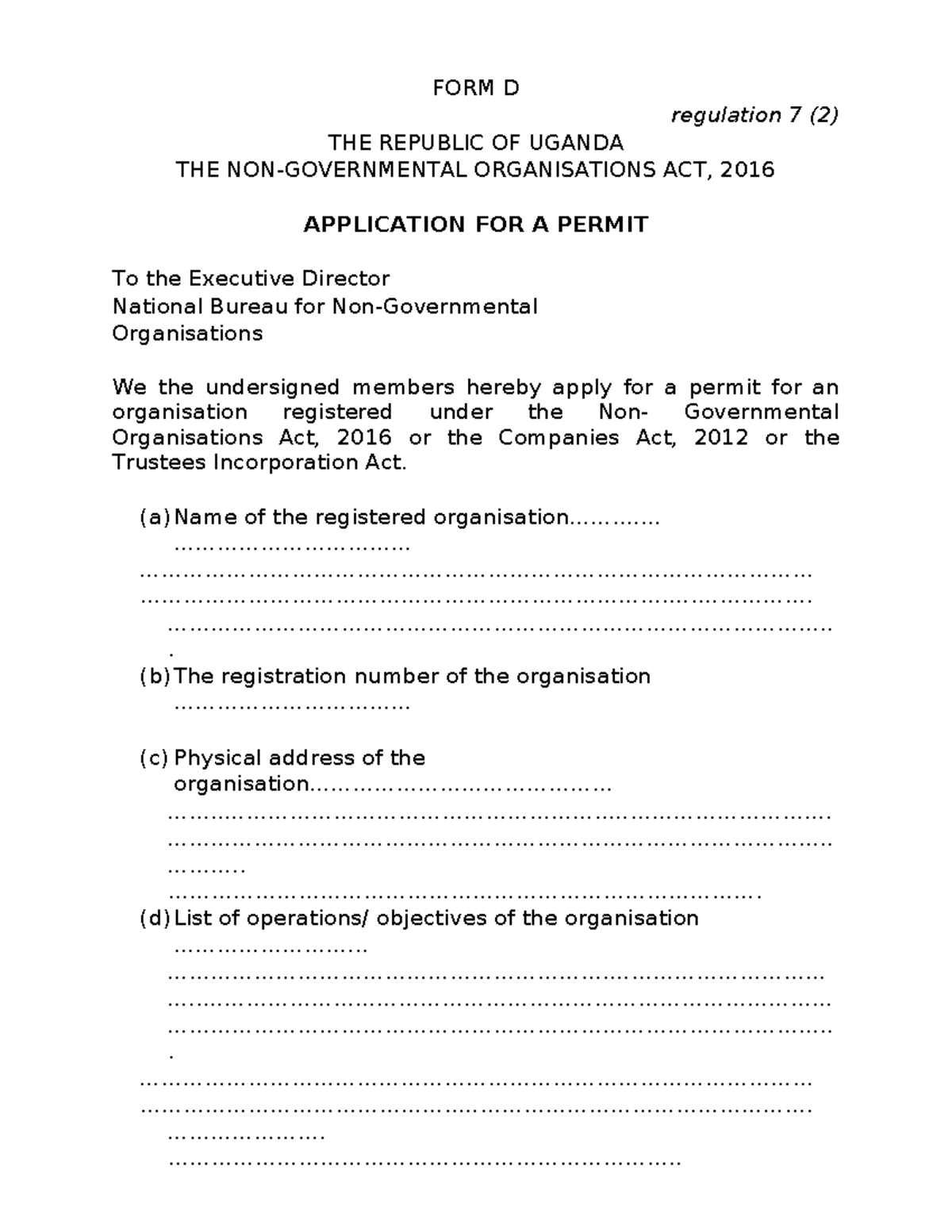 FORM D - Application for Permit under NGOs Act, 2016 - Studocu