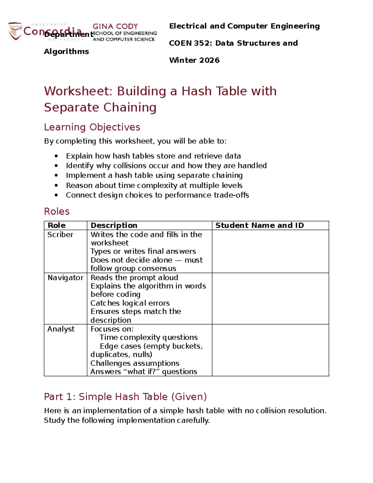 COEN 352: Winter 2026 Worksheet on Hash Tables with Chaining - Studocu