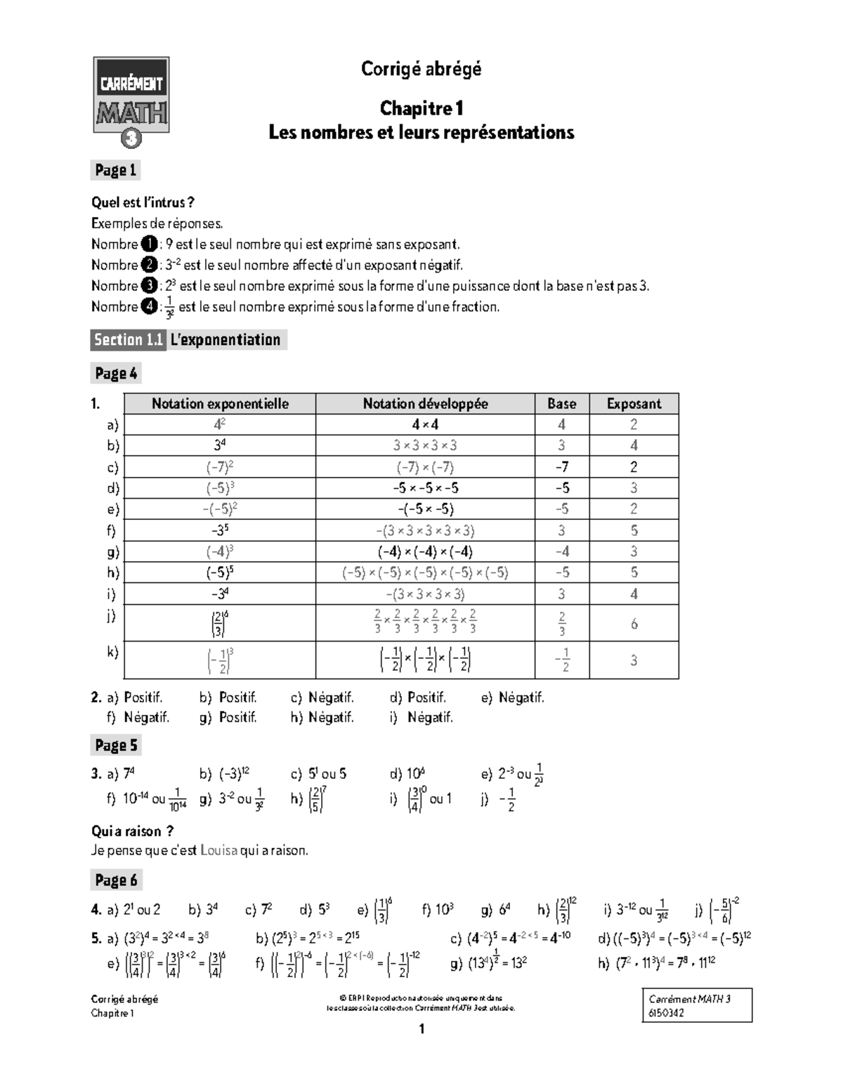 728149003 Carrement Math Corrige Algebre Chapitre 1 Secondaire 3 ...