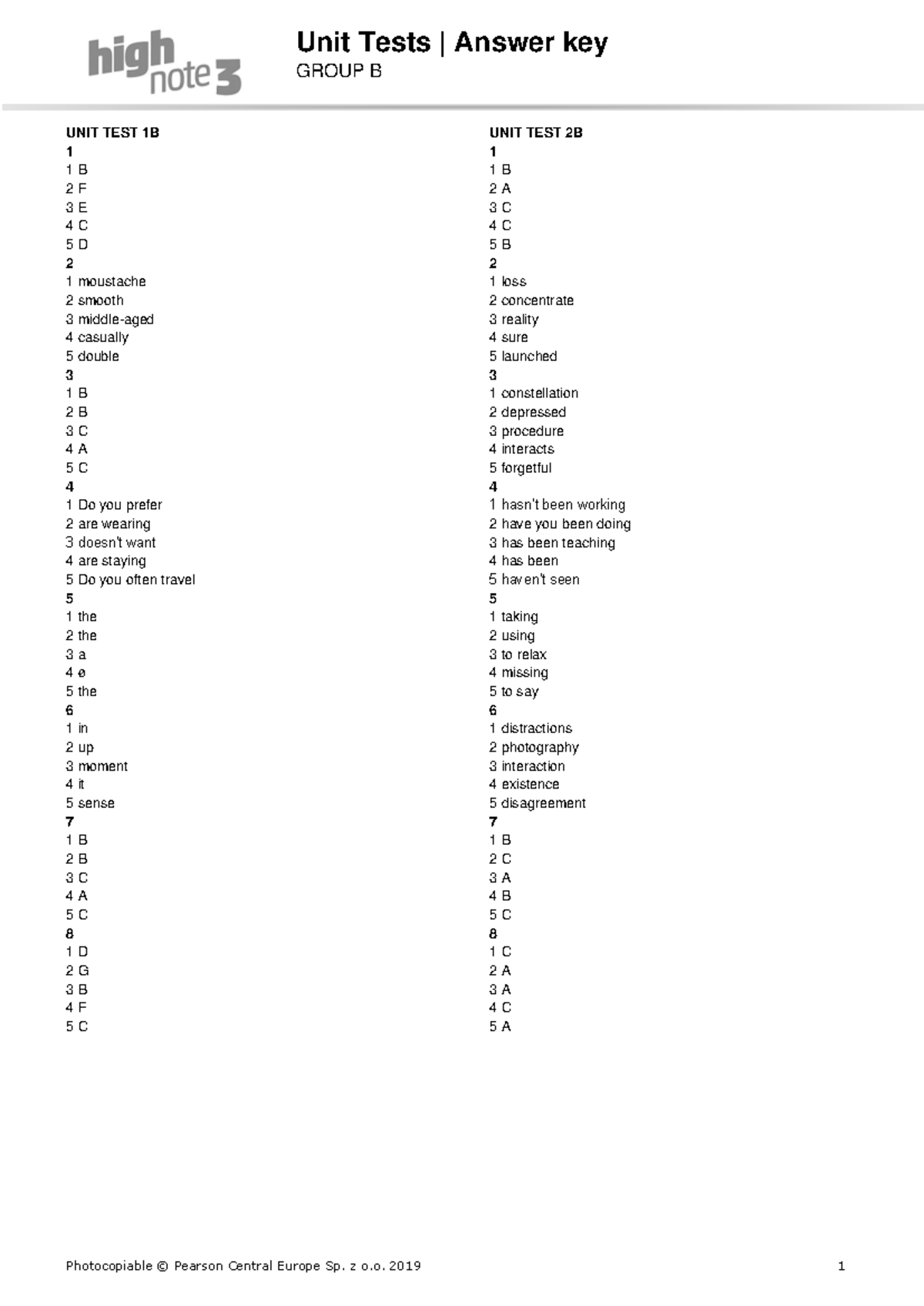 High Note 3 AK U Unit Tests Answer Key for Group B - Studocu