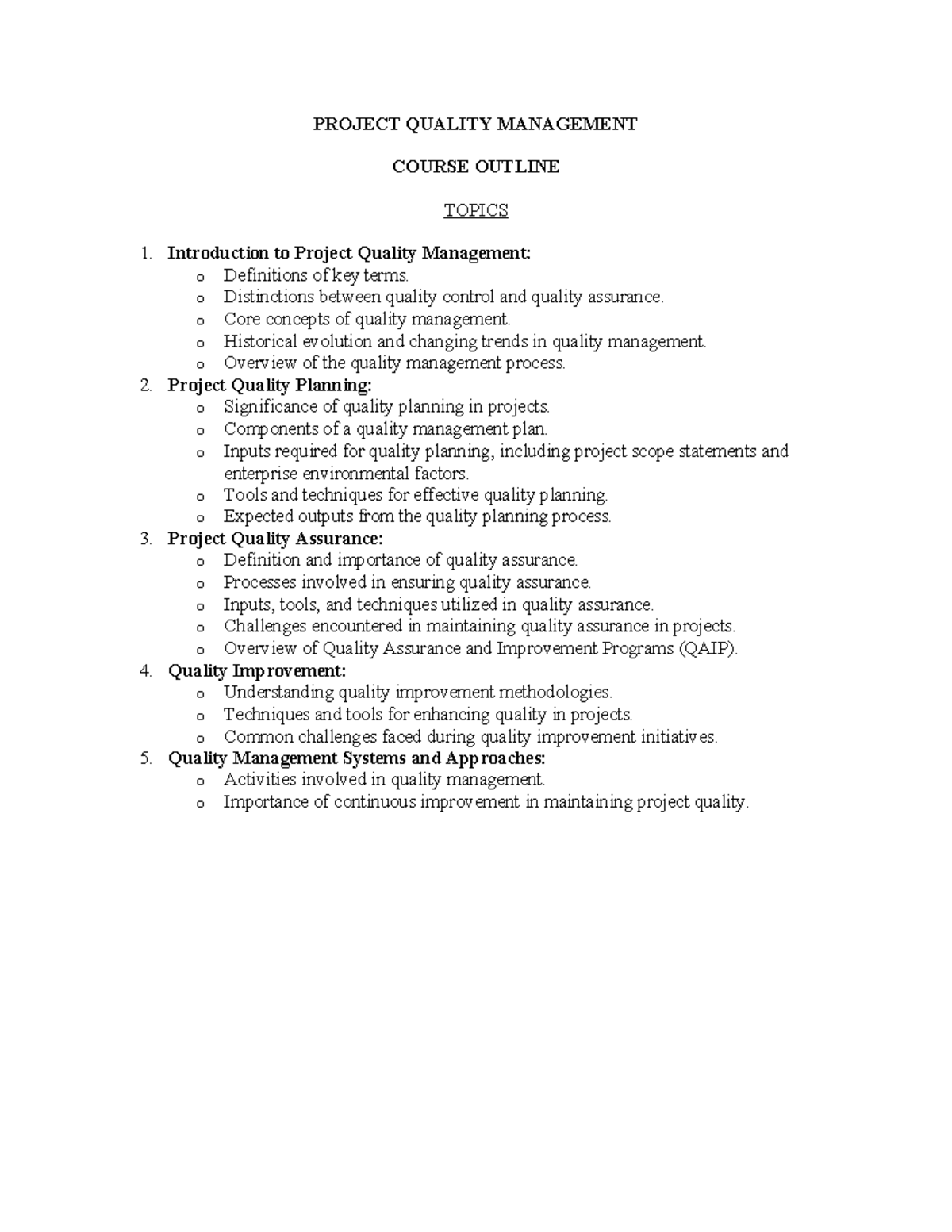 PQM 101: Project Quality Management Course Outline and Key Topics - Studocu