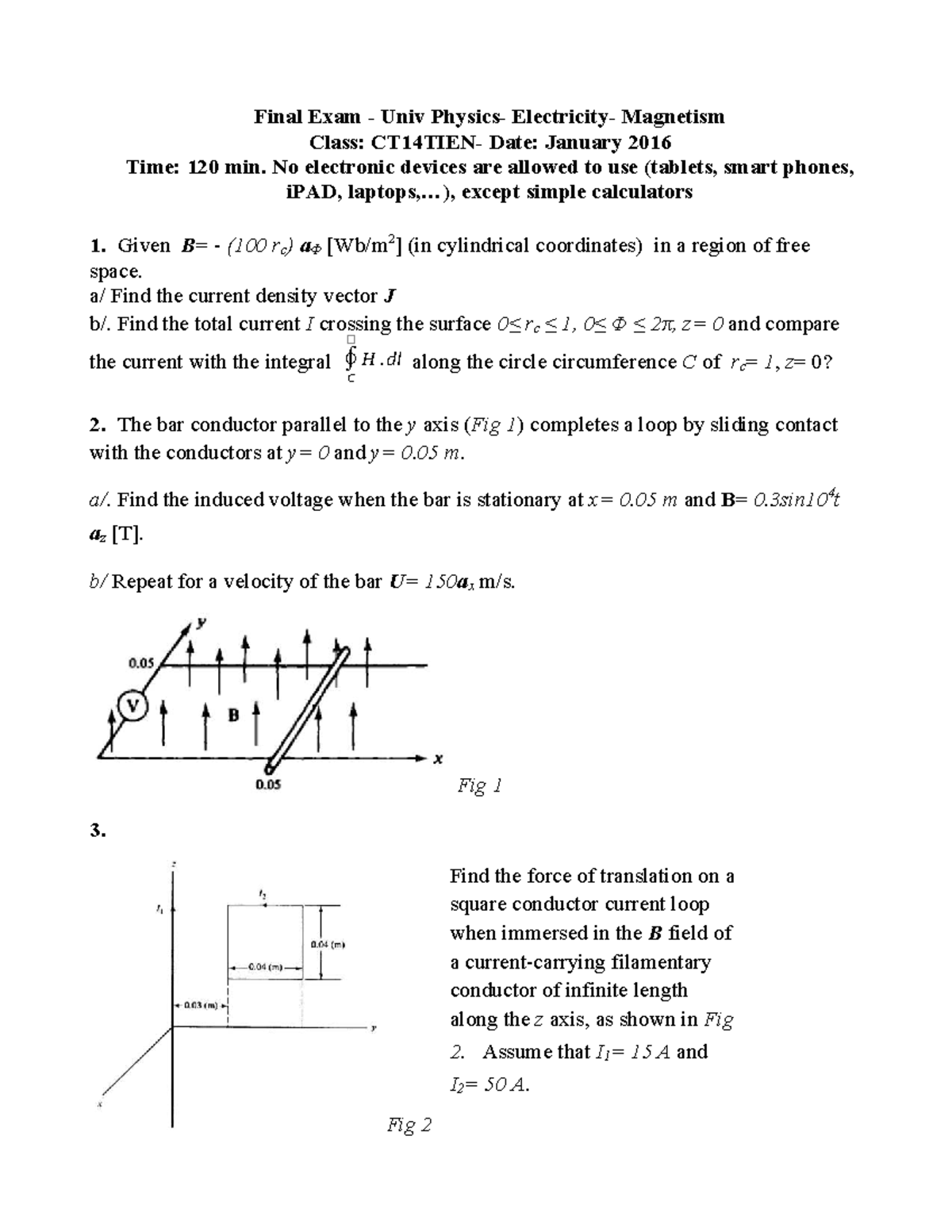 Final Exam PHY212: Univ Magnetism Class - Jan 2016 - Studocu