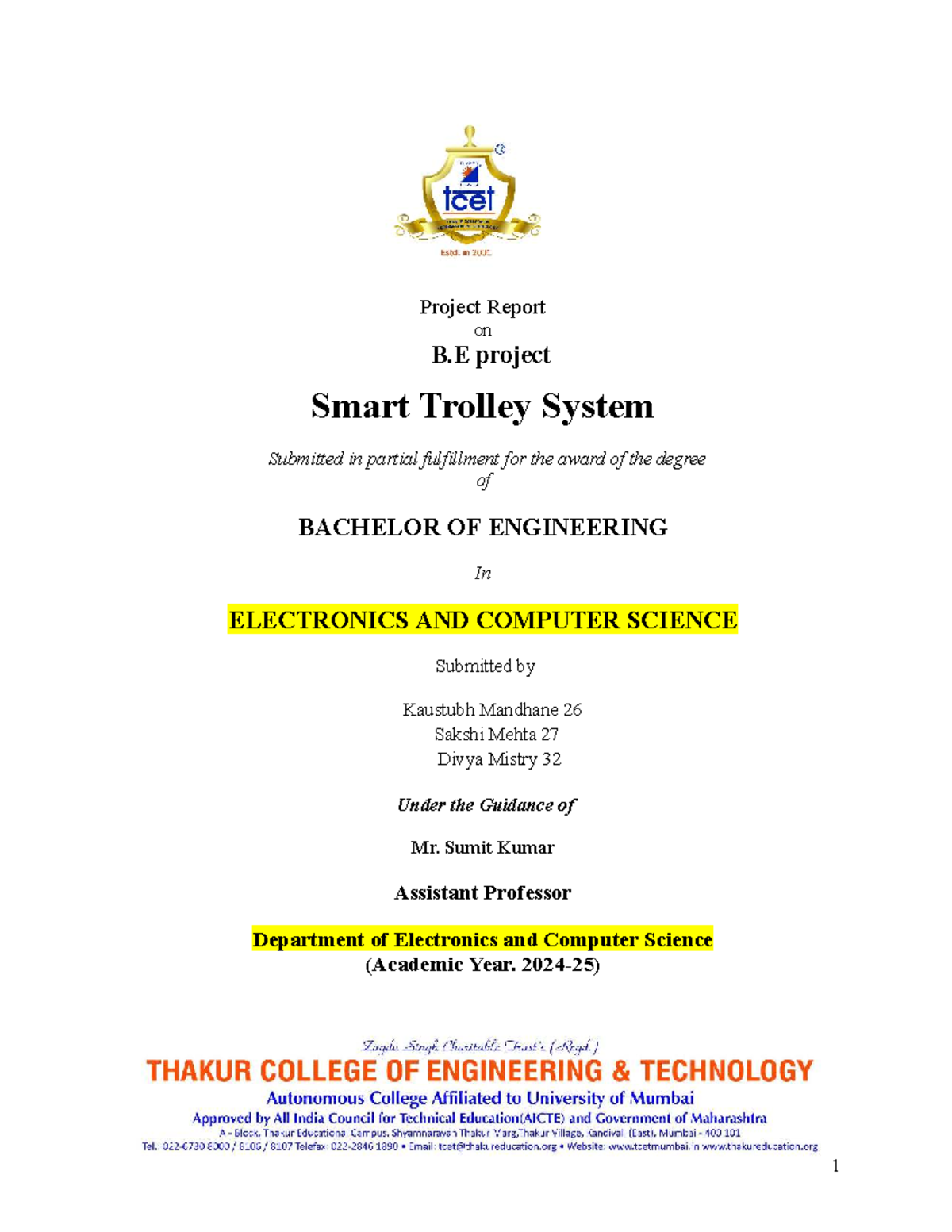 B.E. Project Report: Smart Trolley System in ECE - Final Submission - Studocu