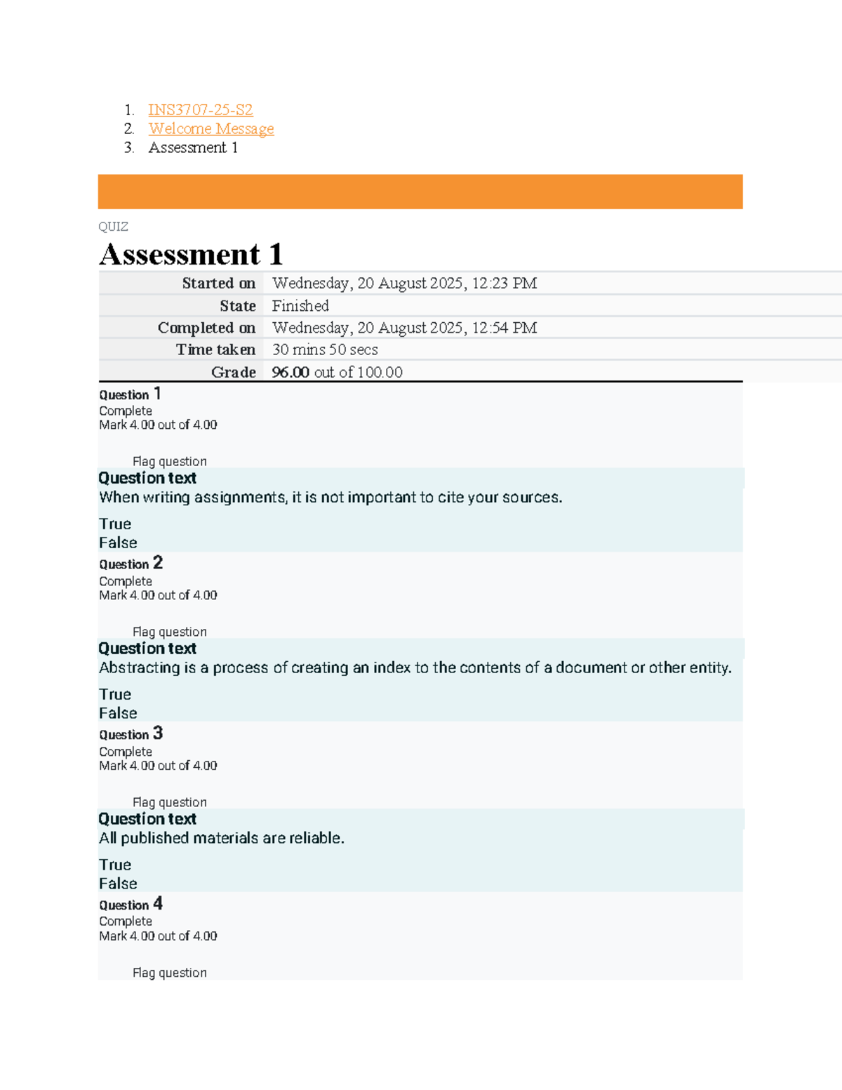 Quiz Assignment 1 - INS3707: Information Literacy Assessment - Studocu