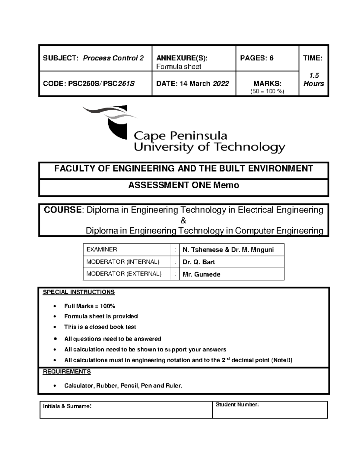 Process Control 2 PSC261S Test 1 Memo with Formula Sheet - Studocu