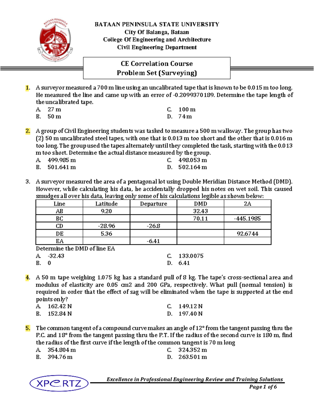 CE 101 Problem Set: Surveying Exercises and Solutions - Studocu