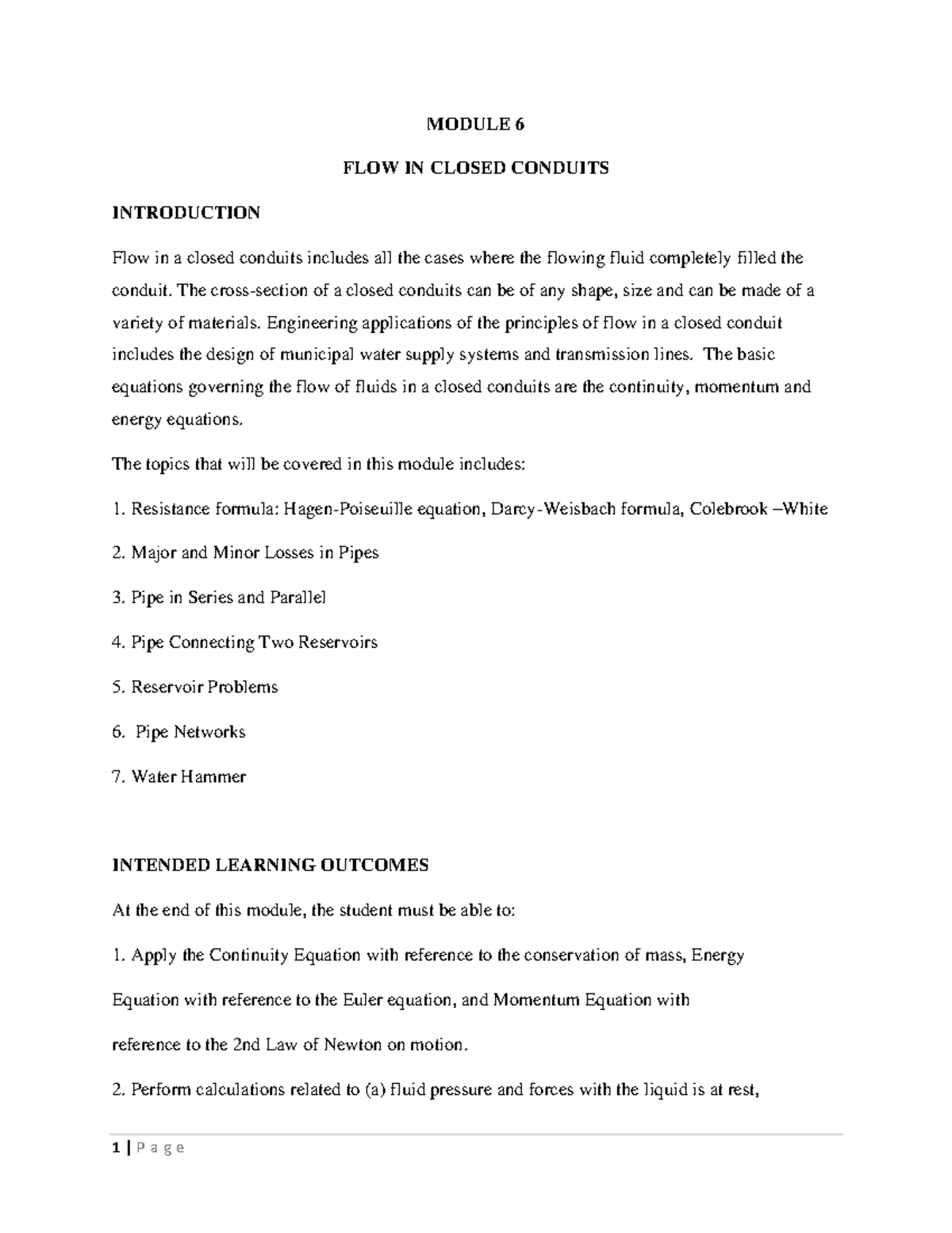 Module 6: Flow in Closed Conduits - Hydraulics Overview - Studocu