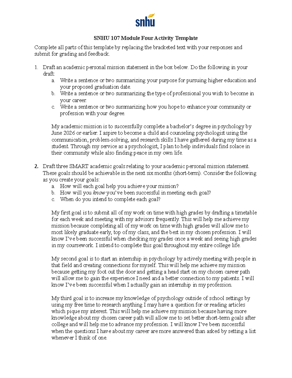SNHU 107 - Module 4 - JG - Draft your academic personal mission ...