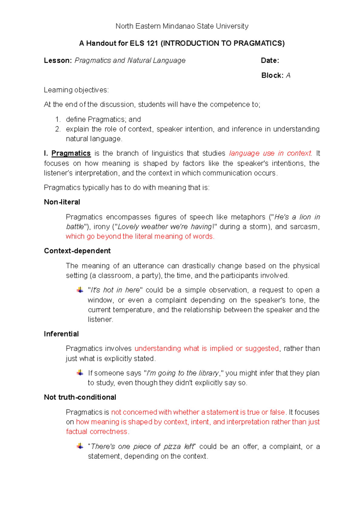 ELS 121 Lesson Handout: Understanding Pragmatics & Natural Language ...