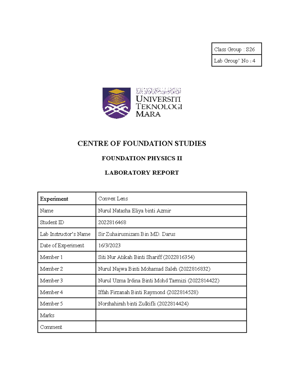LAB Report PHY098: Experiment on Convex Lens and Image Formation - Studocu