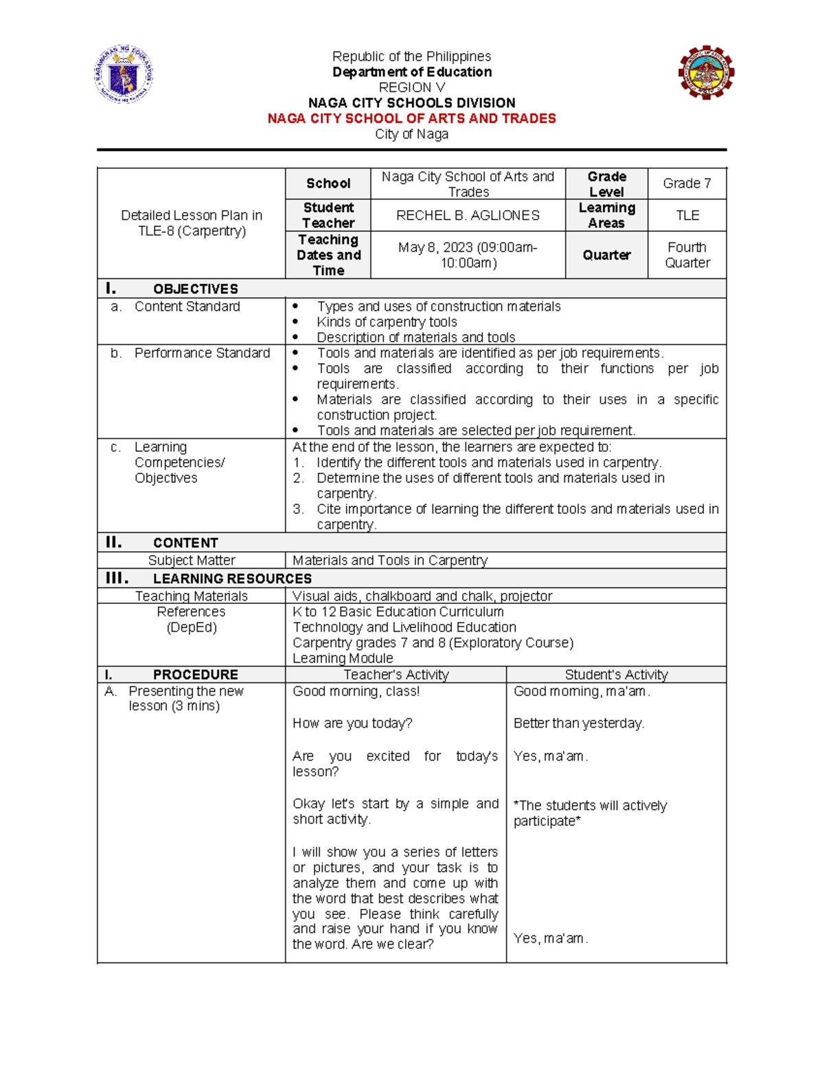 Detailed Lesson Plan on TLE-8: Materials and Tools in Carpentry - Studocu