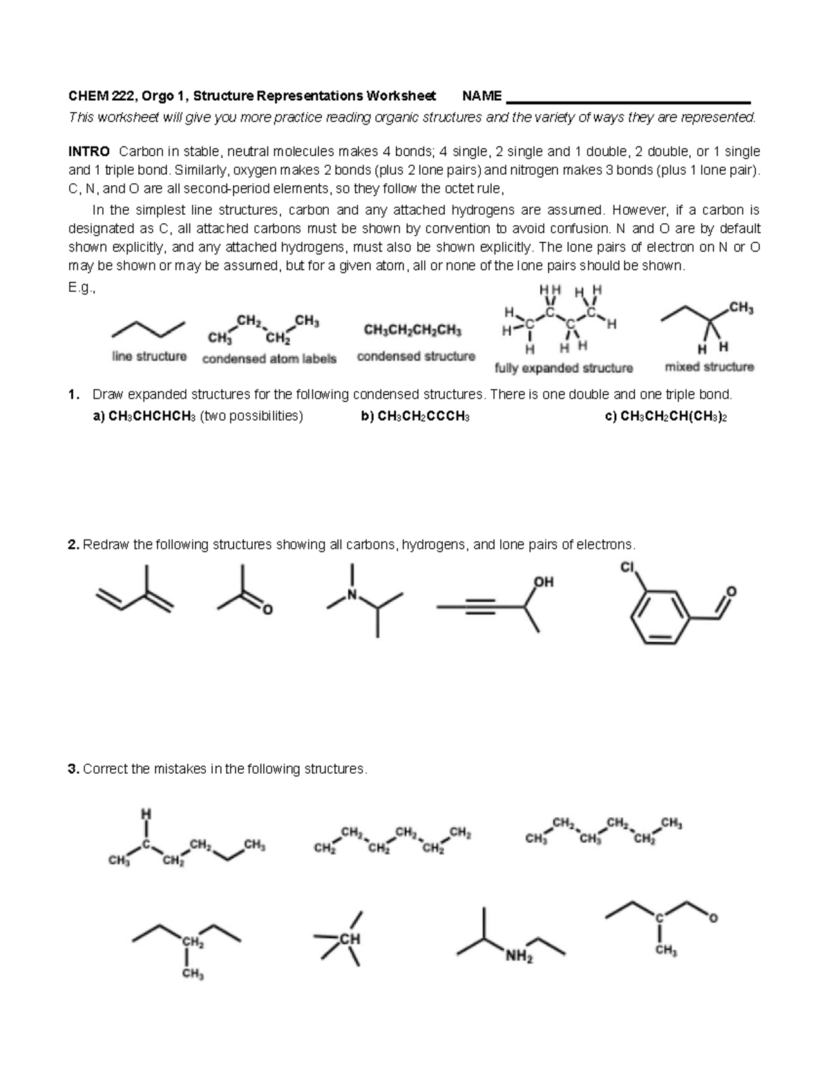 CHEM Orgo 1: Structure Representations Practice Worksheet - Studocu