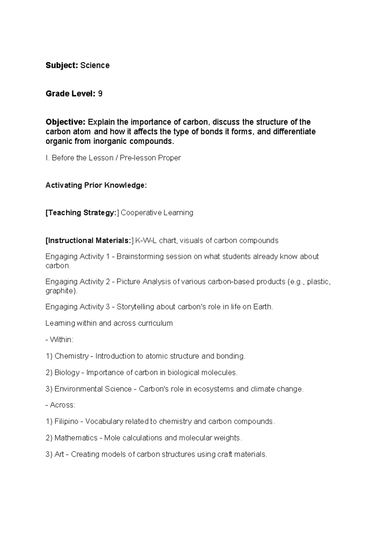 Lesson Plan for Science (Grade 9): Understanding Carbon's Role and ...