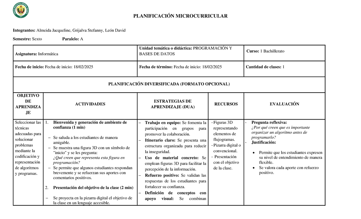 Plan de Clase DUA - Programación y Bases de Datos 1 BGU - Studocu