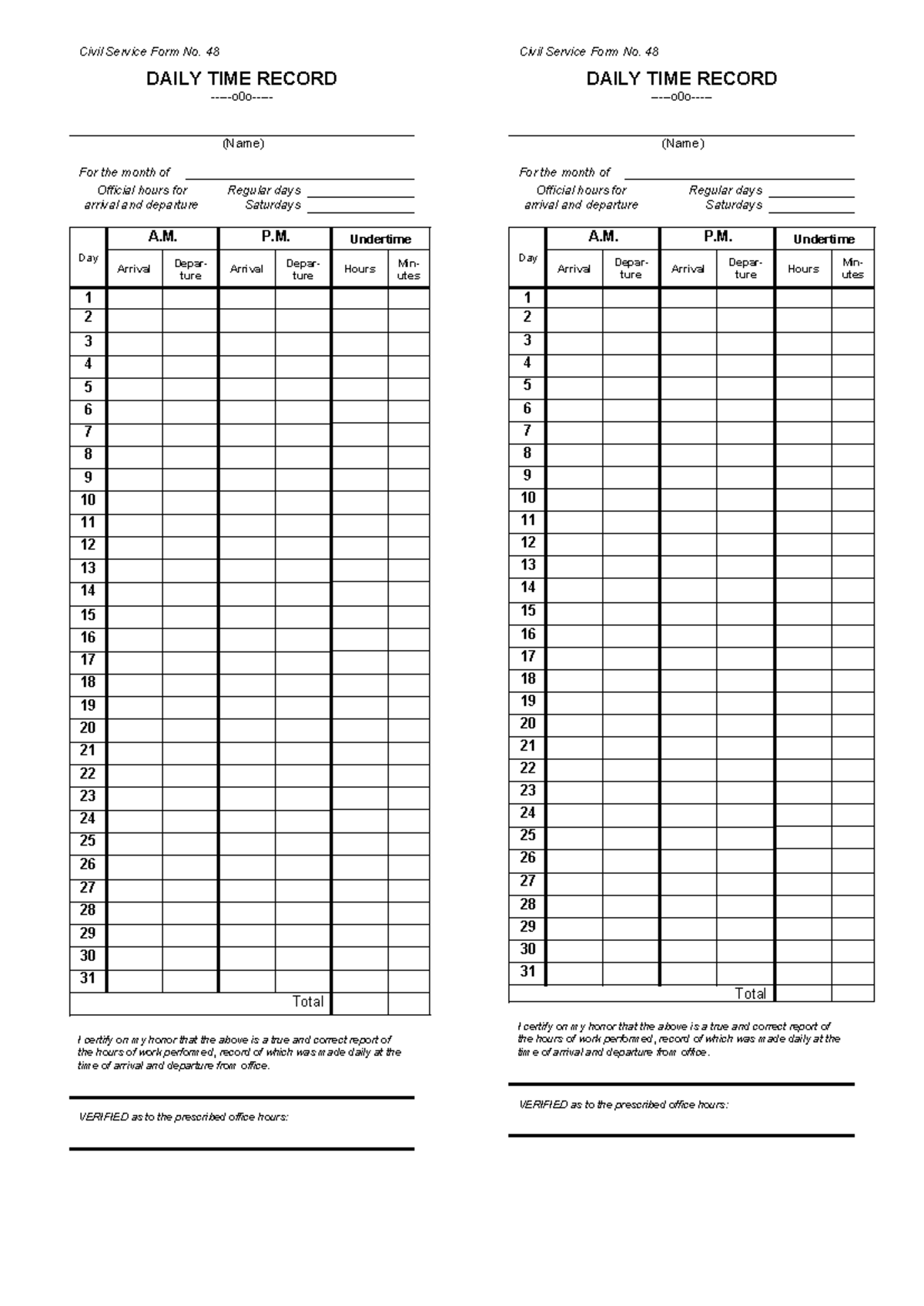 DTR- daily time record - Civil Service Form No. 48 DAILY TIME RECORD ...