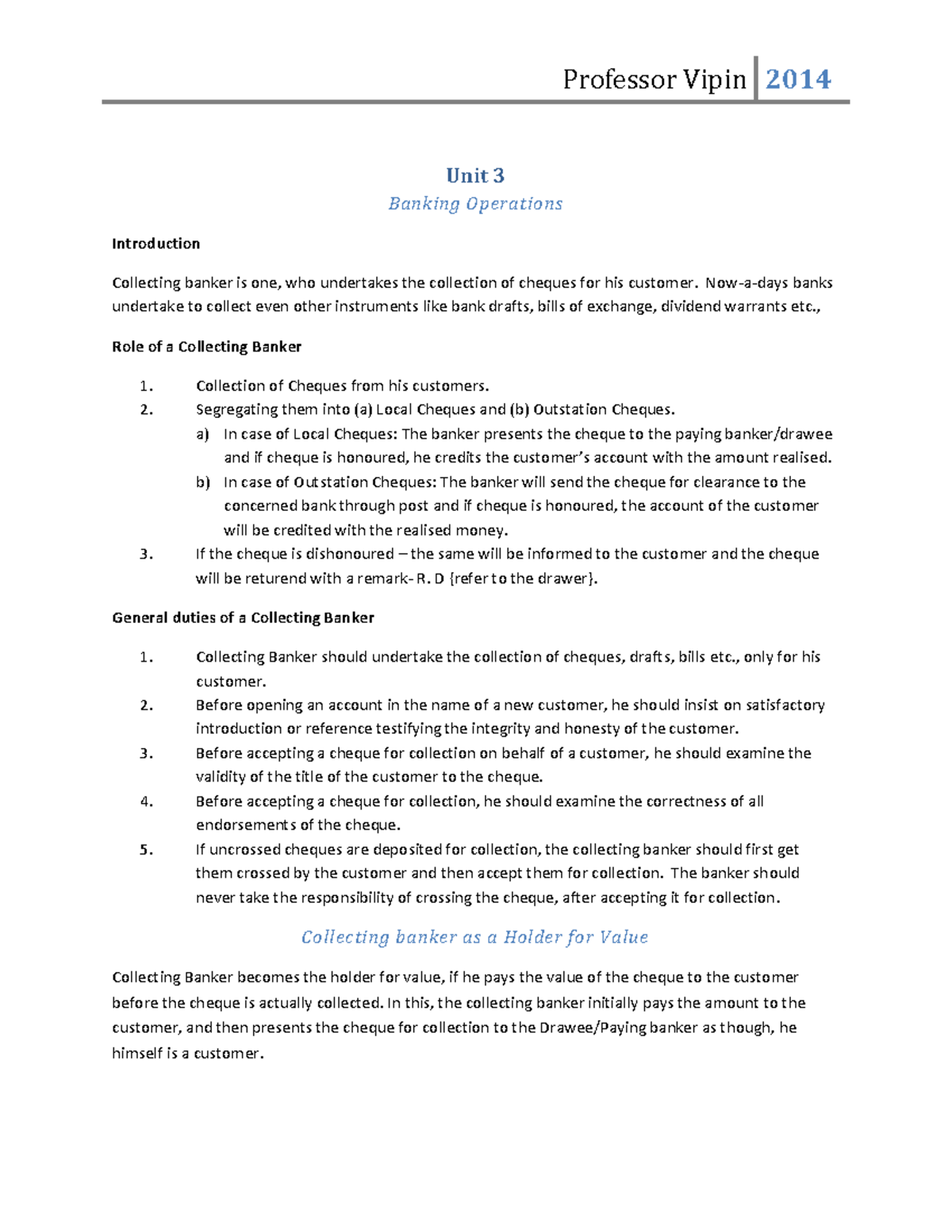 Unit 3 Banking Operations: Role of Collecting and Paying Bankers - Studocu