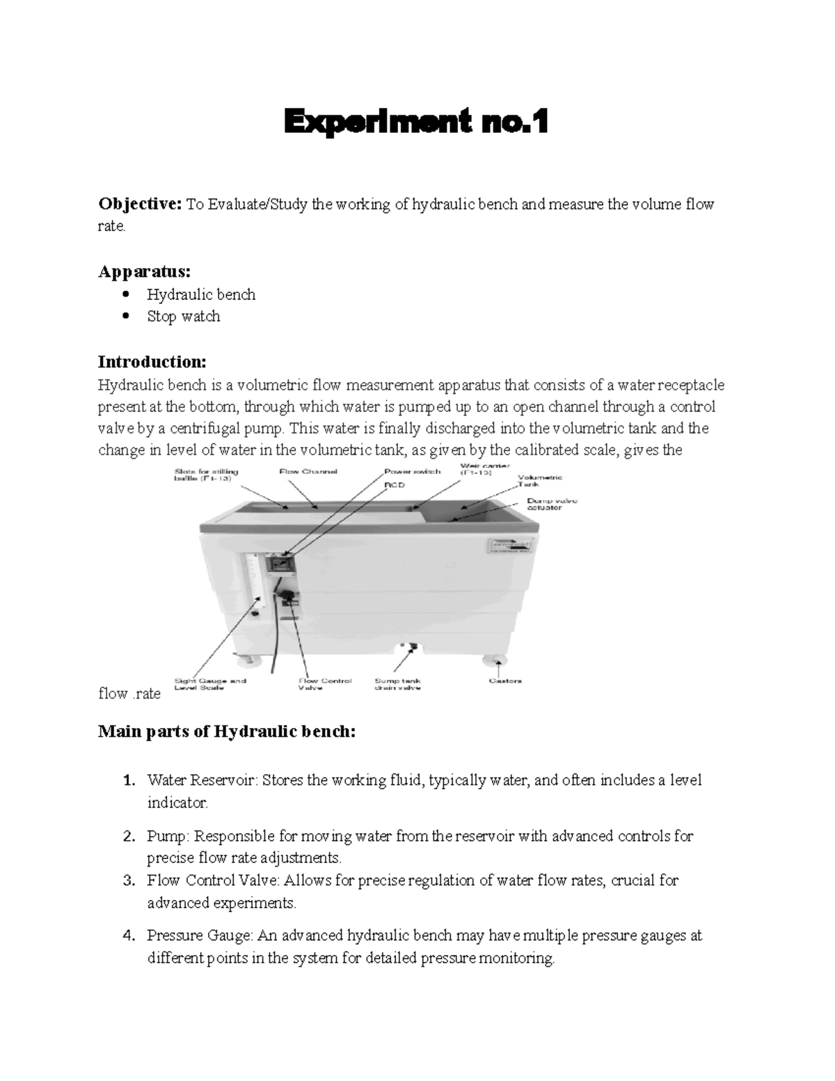 Hydraulic Bench Lab Report - Experiment No. 1 (FM 101) - Studocu