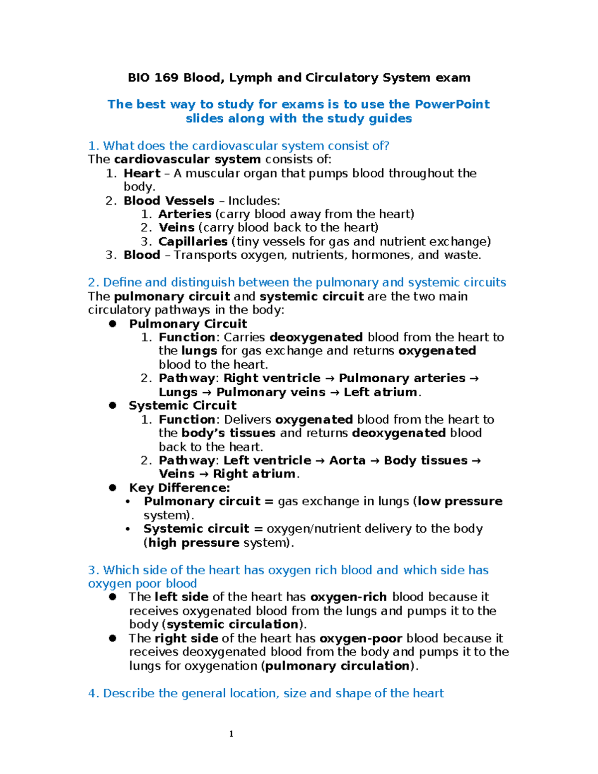 Study Guide for BIO 169: Blood, Lymph, and Circulatory System Exam ...