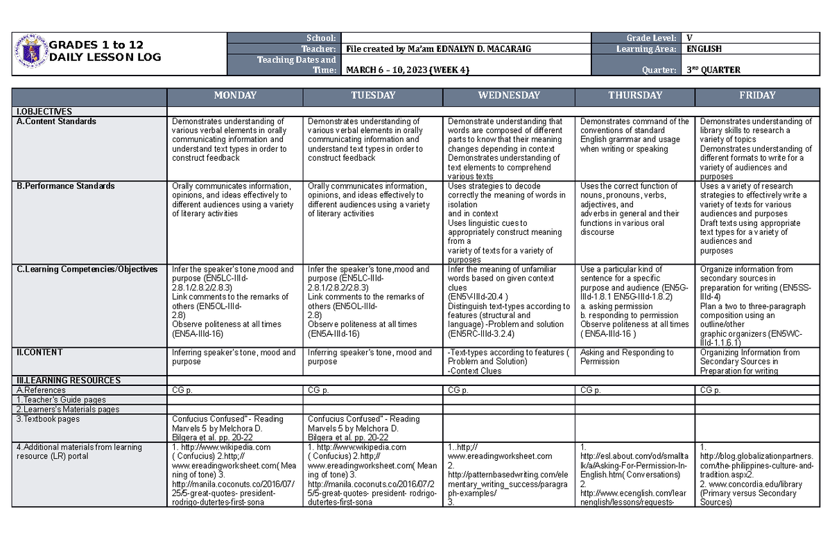 DLL English 5 Q3 W4 - Weekly Lesson Plans and Objectives - Studocu