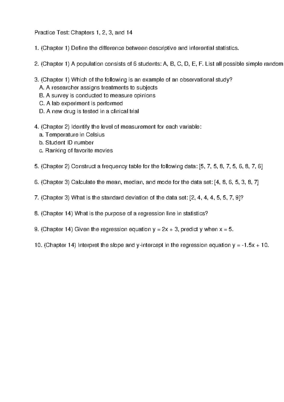 Practice Test: Stats Chapters 1, 2, 3, and 14 - Studocu