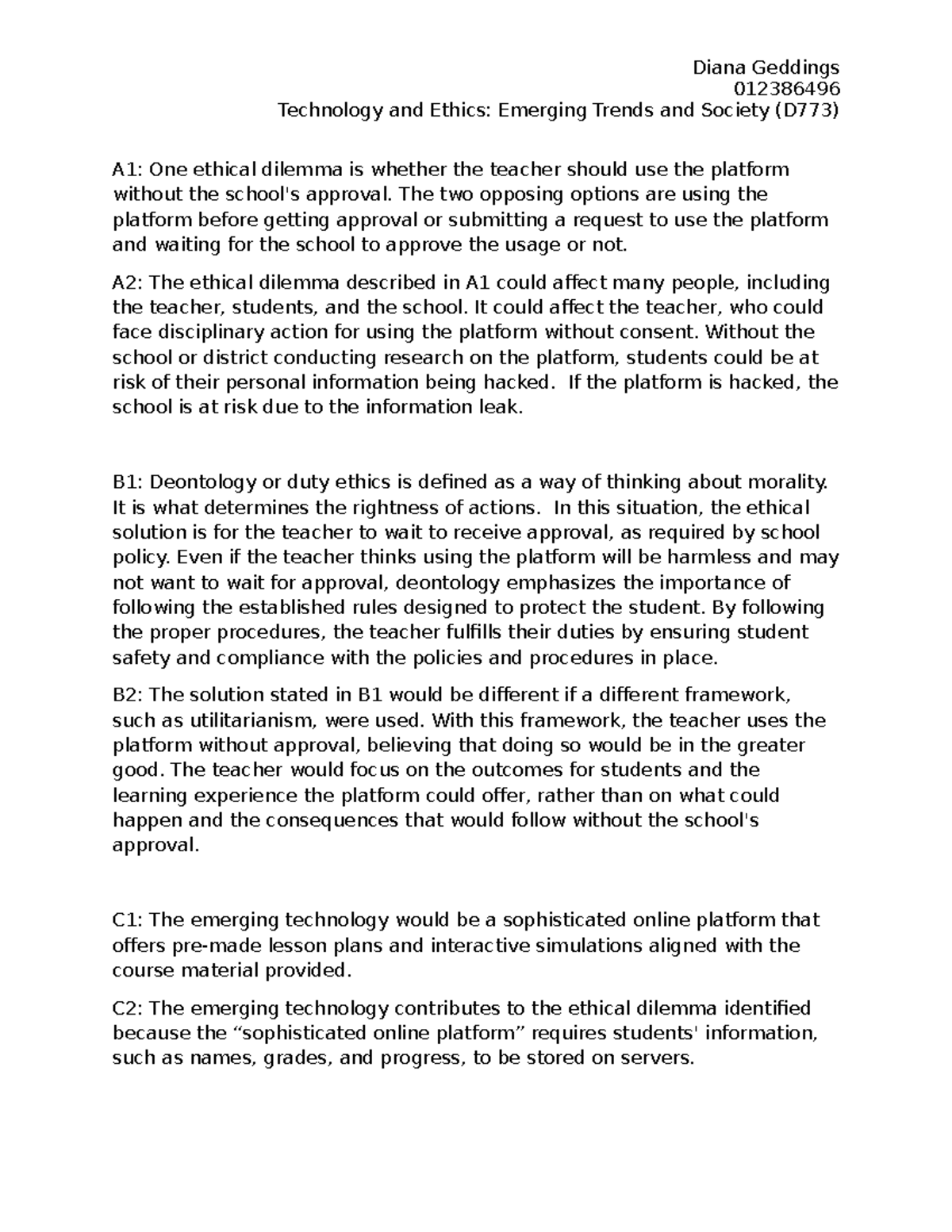 D773 Task 1 - Ethical Dilemmas in Technology and Education - Studocu