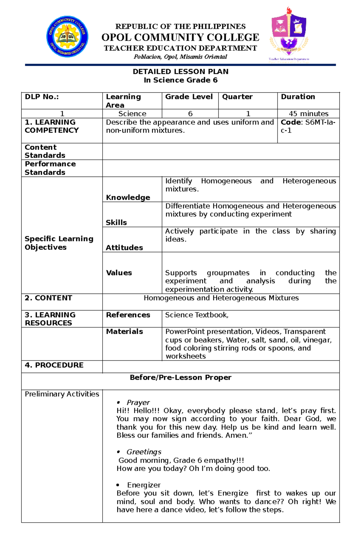 Detailed Lesson Plan for Science Grade 6: Mixtures Exploration - Studocu