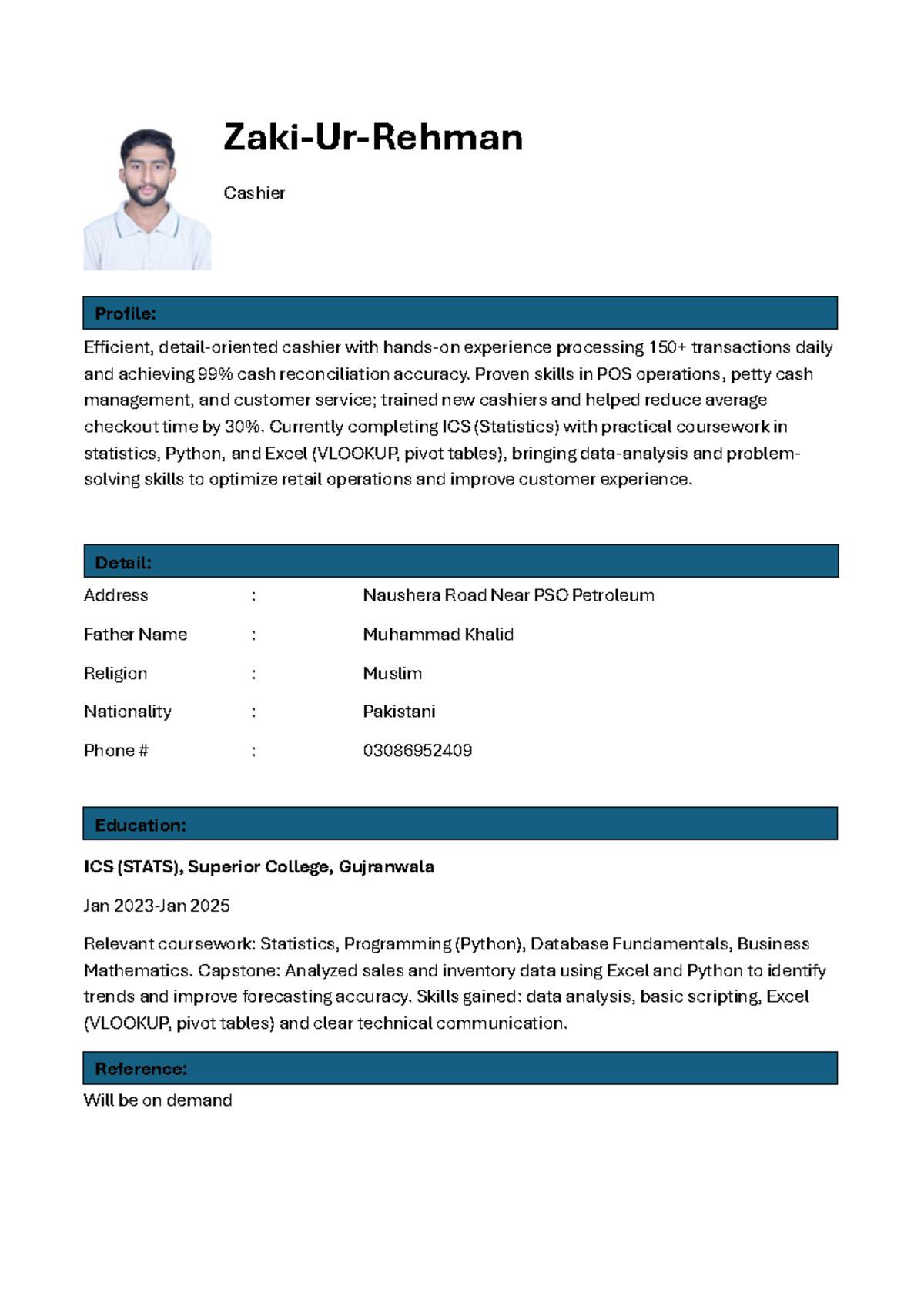 Zaki's CV: Cashier Profile & Skills for Job Application - Studocu