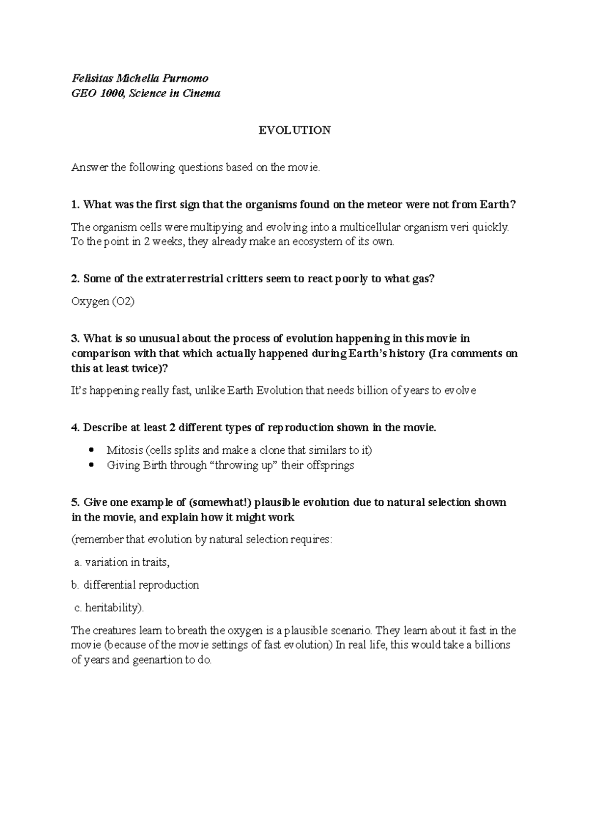 GEO 1000 Final Exam: Evolution Insights from Cinema (Felice) - Studocu