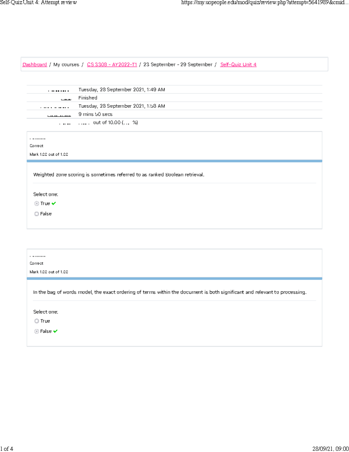CS 3308 Self-Quiz Unit 4 Attempt Review and Scoring Analysis - Studocu