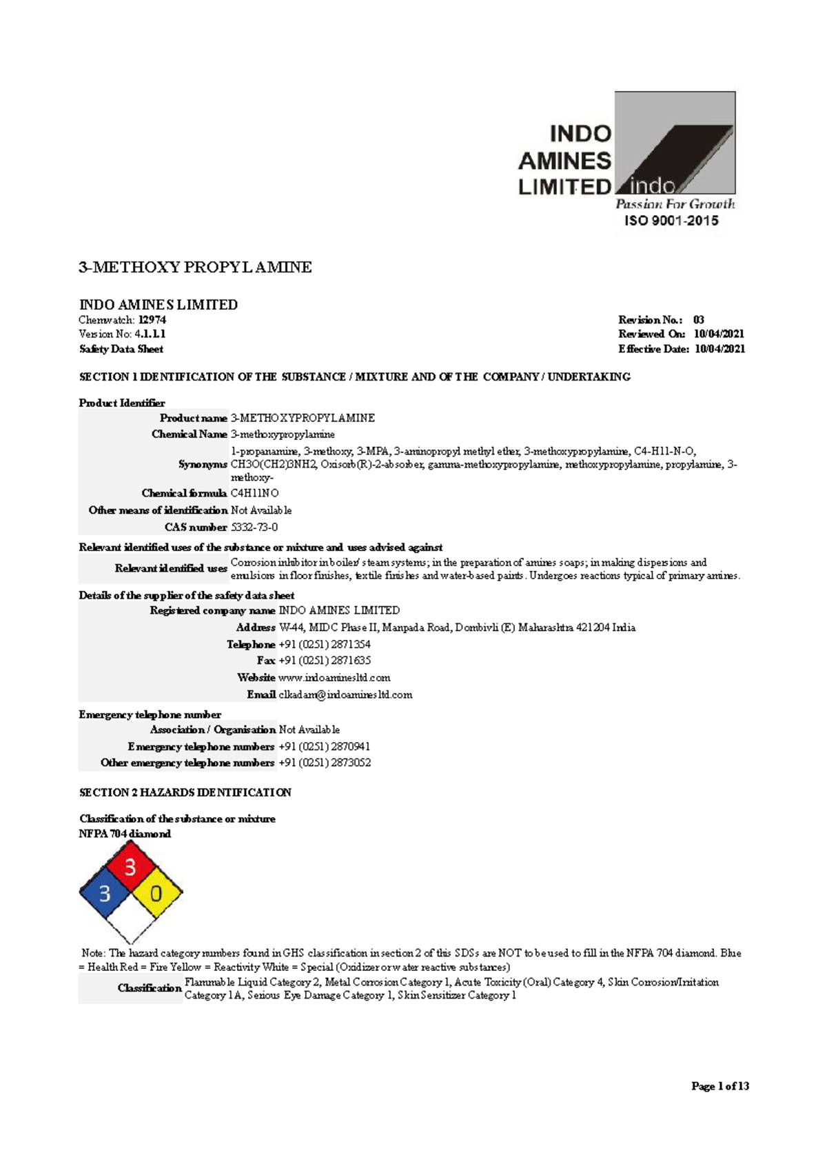 3-Methoxypropylamine (CAS: 12974) Safety Data Sheet (SDS) - Studocu
