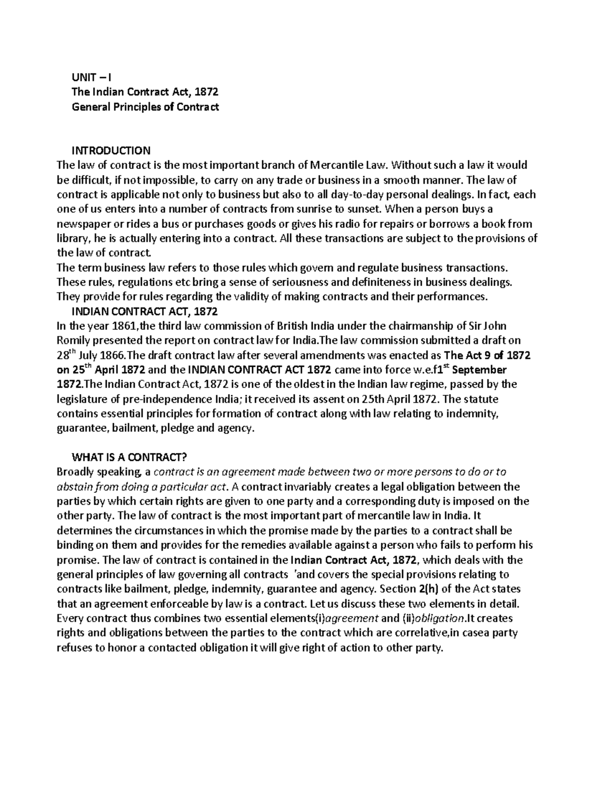 Indian Contract Act (1872): Unit 1 Overview and Key Principles - Studocu
