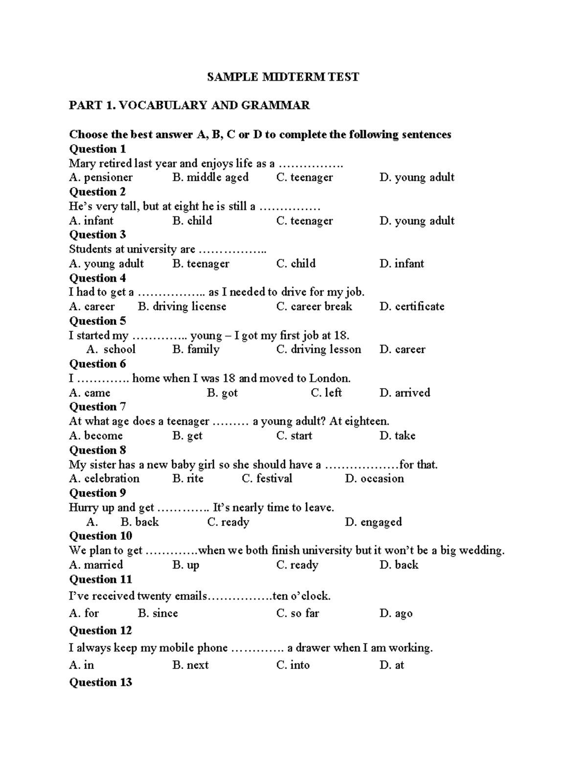 ĐỀ 1 - MIDTERM TEST PART 1: VOCABULARY & GRAMMAR - Studocu