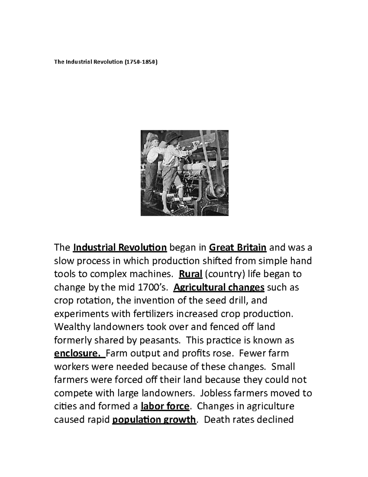 Industrial Revolution Notes: Key Changes and Impacts (1750-1850) - Studocu