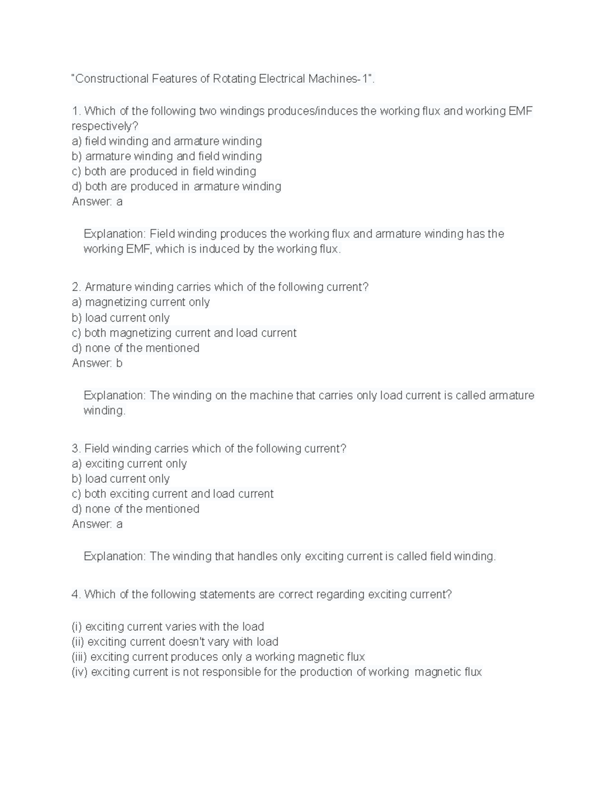Electrical Machines MCQ - Key Concepts & Features Explained - Studocu