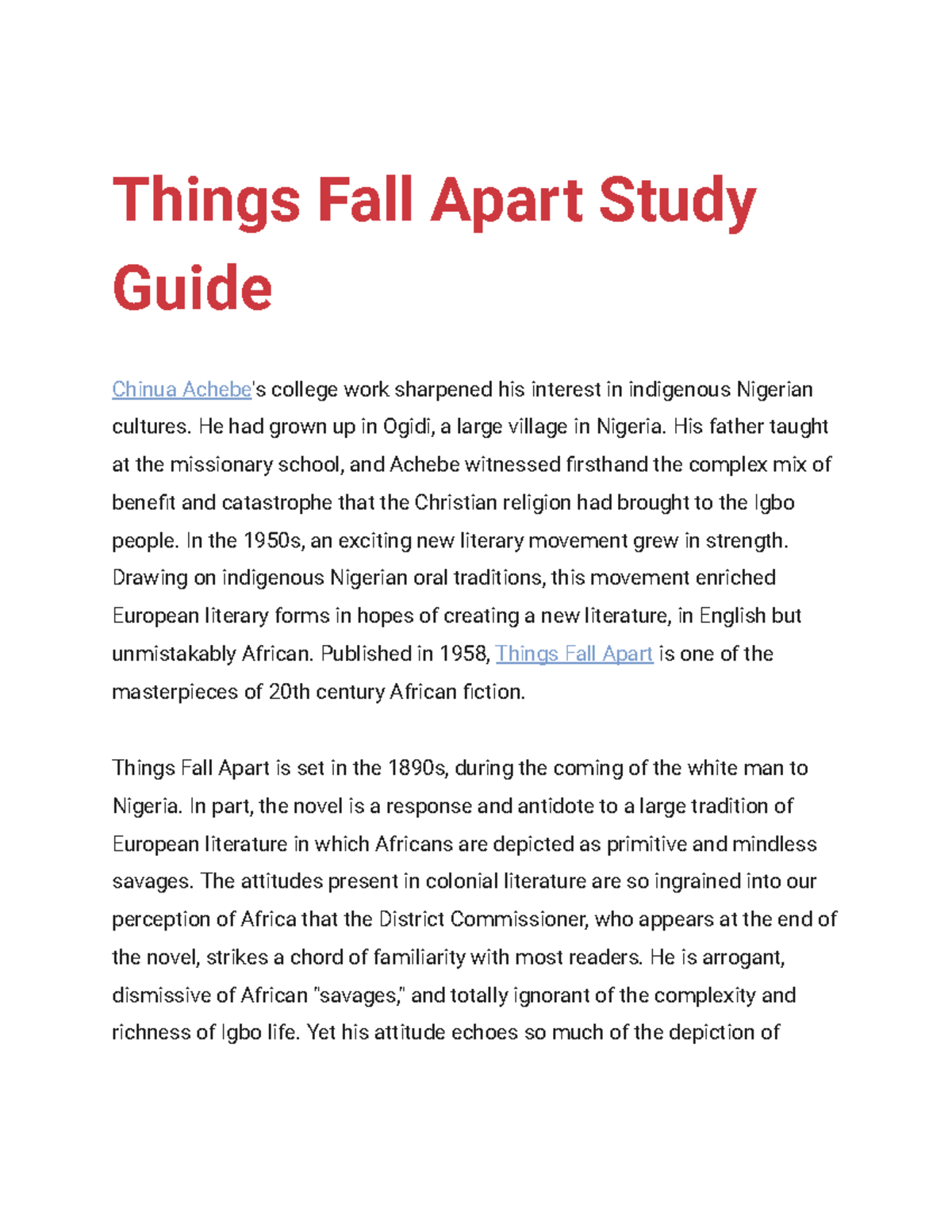 Things Fall Apart Study Guide (Literary Analysis & Themes) - Studocu